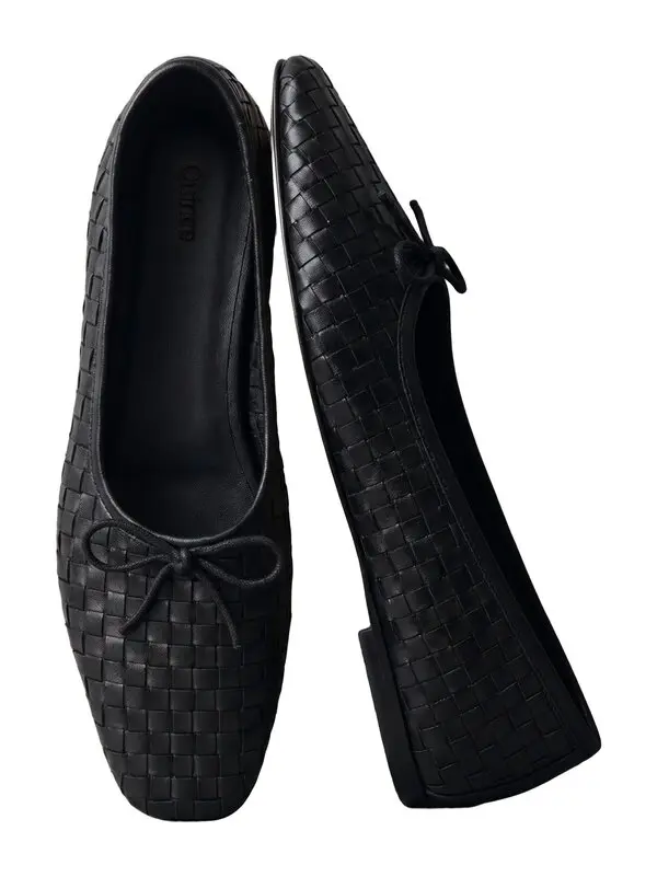 Quince Italian Leather Handwoven Square Toe Ballet Flat - Black
