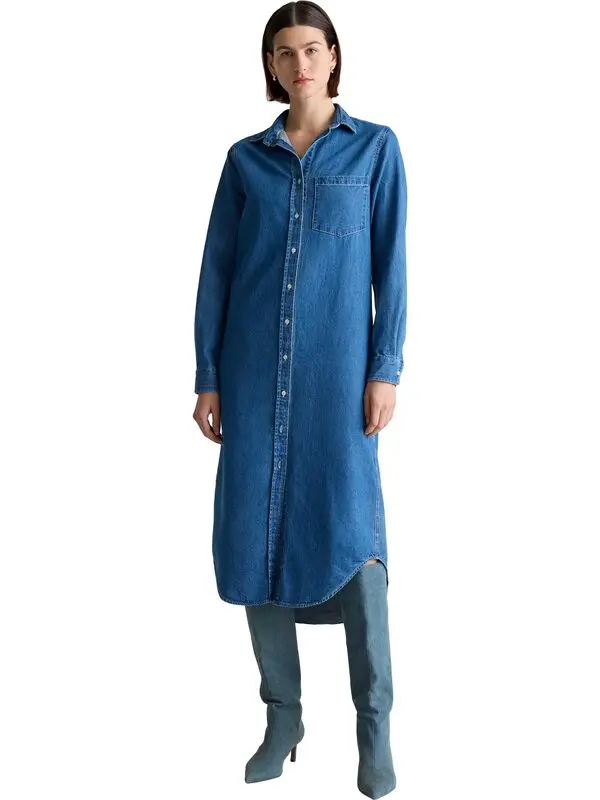 Quince Distressed Denim Maxi Shirt Dress - Medium Indigo