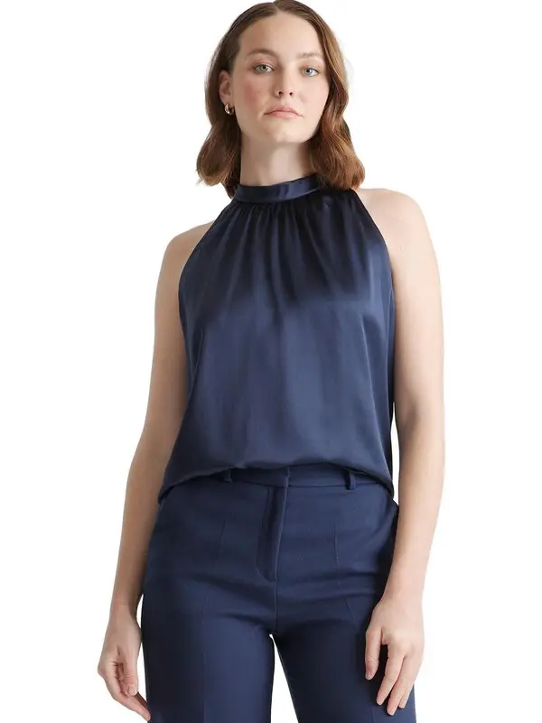 Quince Silk Halter Neck Top - Navy