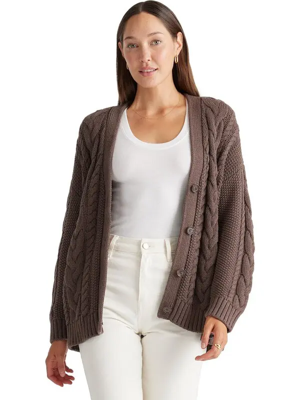 Quince Oversized Cable Knit Cardigan - Heather Brown