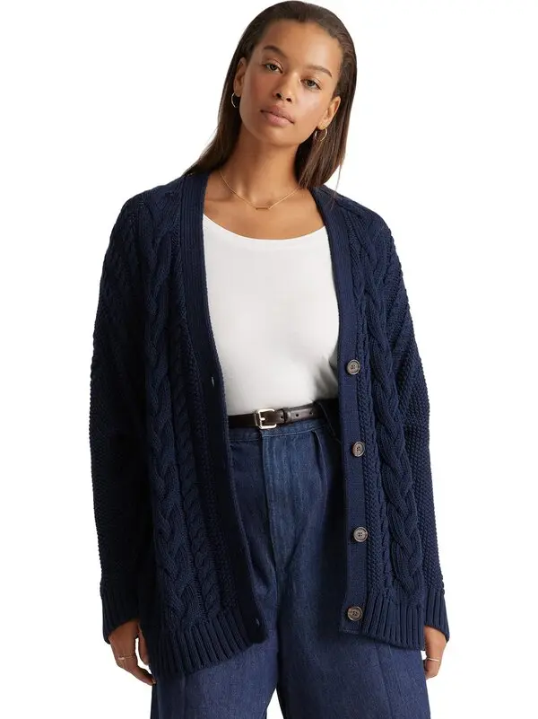 Quince Oversized Cable Knit Cardigan - Navy