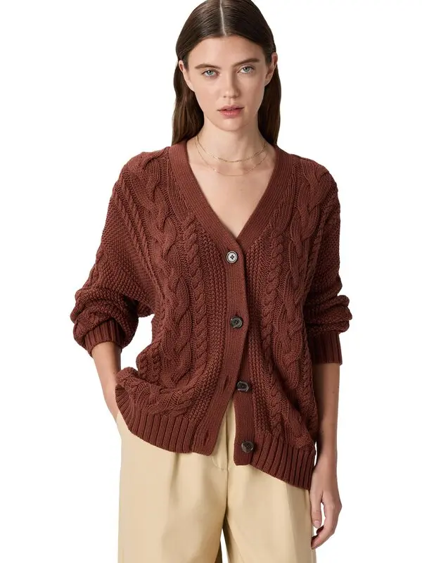 Quince Oversized Cable Knit Cardigan - Redwood Brown