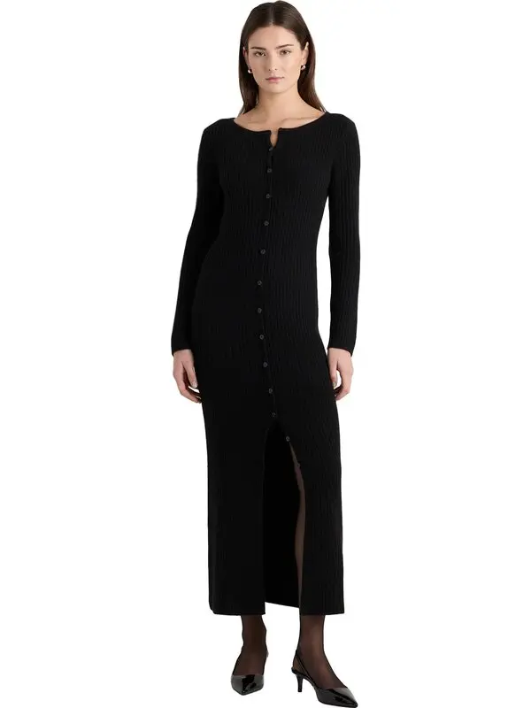 Quince 100% Yak Wool Ribbed Cardigan Sweater Dress - Black