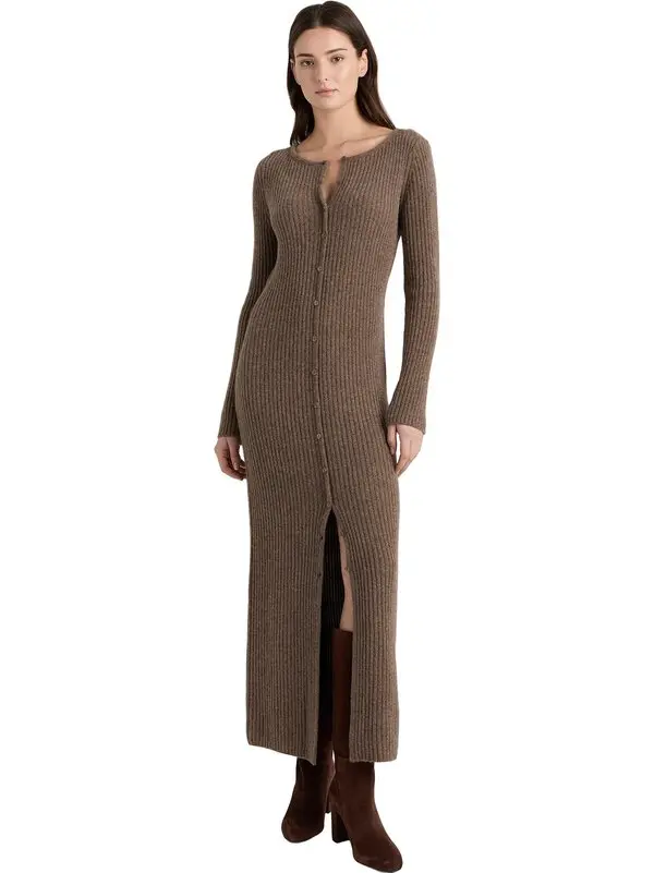Quince Yak Wool Ribbed Cardigan Sweater Dress - Heather Brown