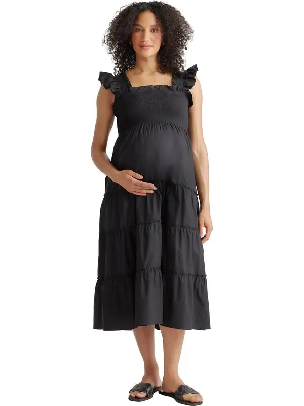 Quince Poplin Maternity Smocked Midi Dress - Black