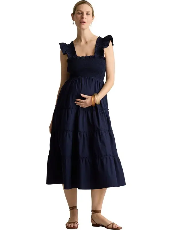 Quince Poplin Maternity Smocked Midi Dress - Navy