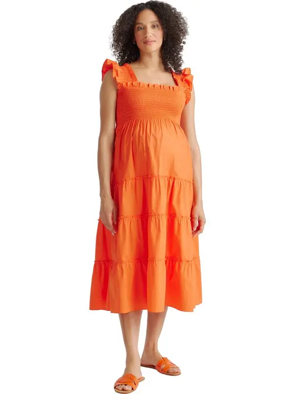 Quince Poplin Maternity Smocked Midi Dress - Vermilion Red