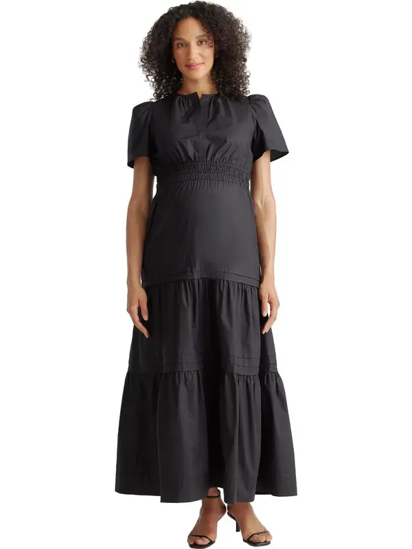 Quince Poplin Maternity Tiered Maxi Dress - Black