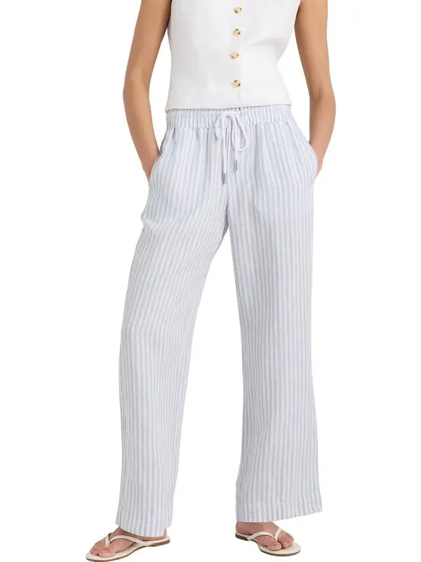 Quince 100% European Linen Wide Leg Pants - Sky Blue Mariner Stripe