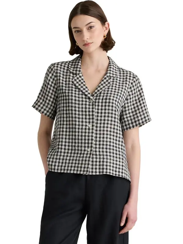 Quince Linen Short Sleeve Shirt - Khaki / Black Gingham