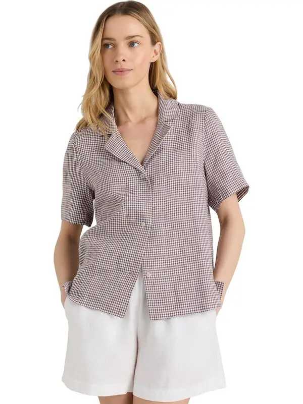 Quince Linen Short Sleeve Shirt - Taupe Brown Gingham