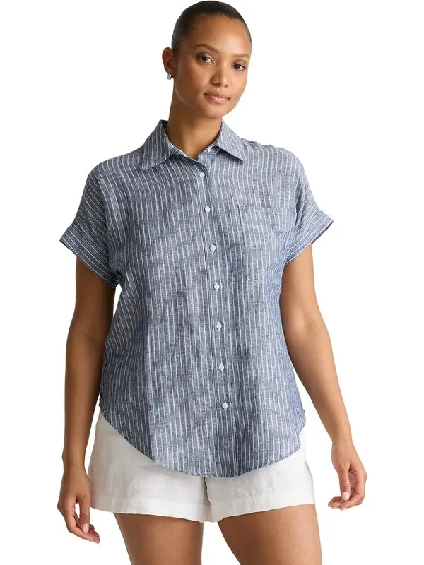 Quince European Linen Camp Shirt - Chambray Stripe