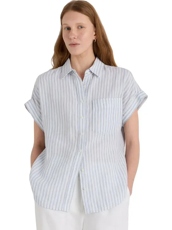 Quince European Linen Camp Shirt - Sky Blue Mariner Stripe