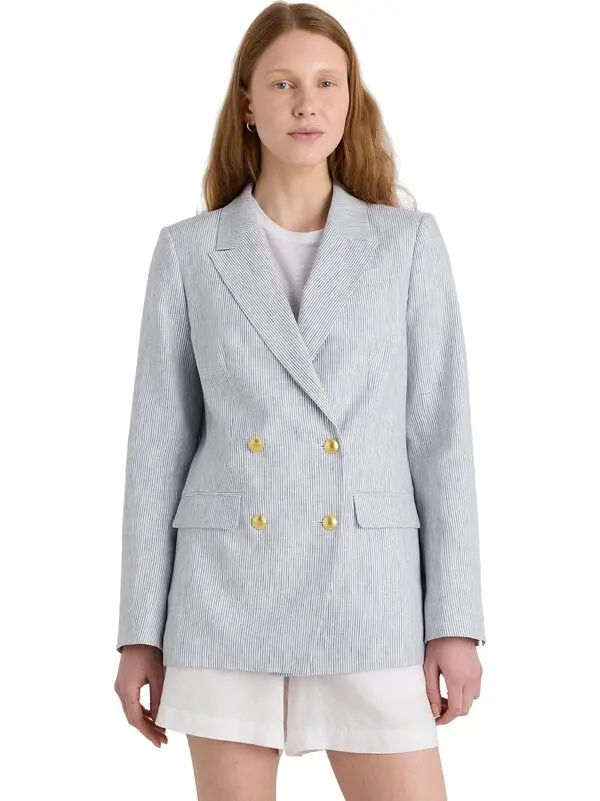 Quince 100% European Linen Relaxed Double-breasted Blazer - Blue Pinstripe