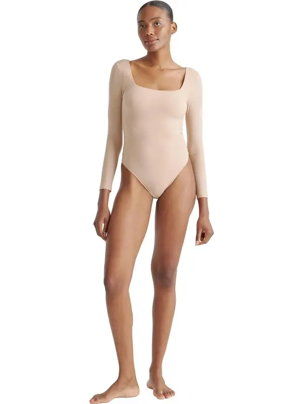 Quince Second Skin Square Neck Long Sleeve Bodysuit - Sand