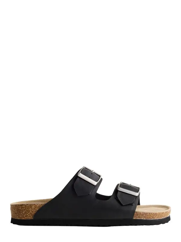 Quince Nappa Leather Double Buckle Slides - Black