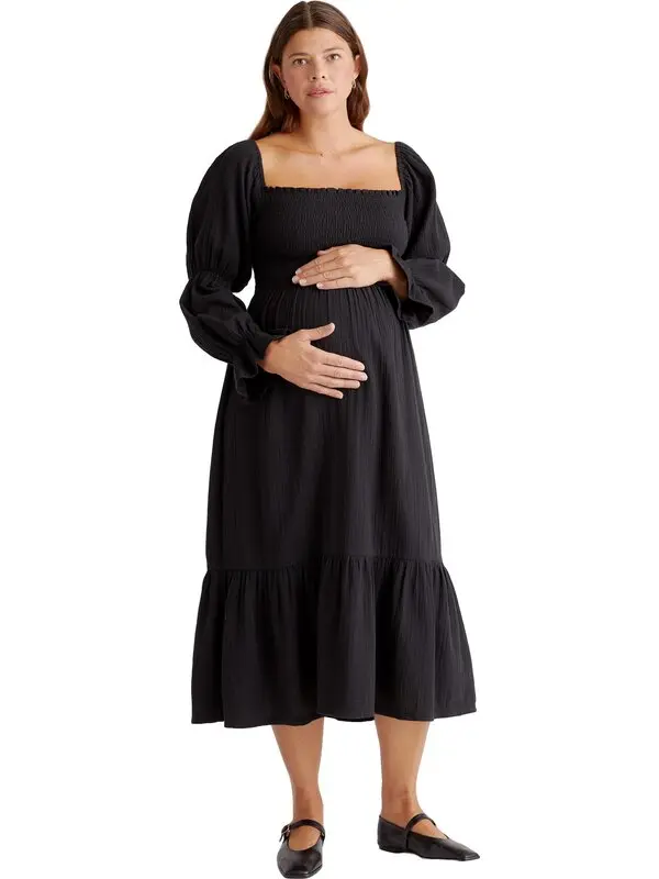 Quince Gauze Maternity Smocked Midi Dress - Black
