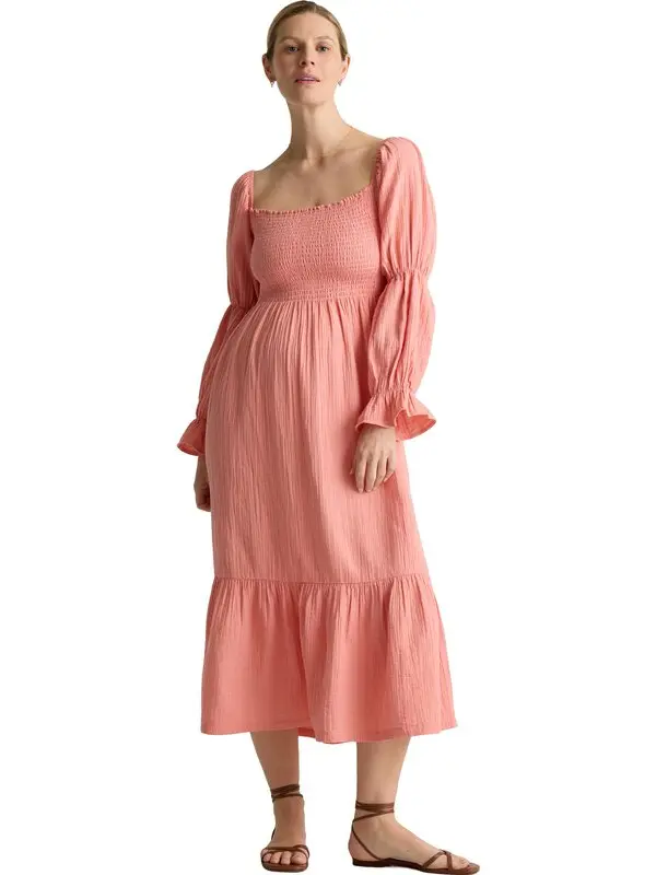 Quince Gauze Maternity Smocked Midi Dress - Coral Blush