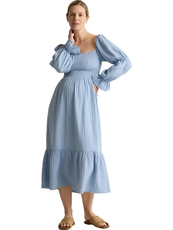 Quince Gauze Maternity Smocked Midi Dress - Ocean Breeze