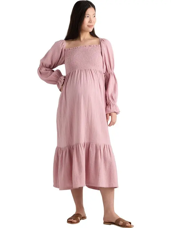 Quince Gauze Maternity Smocked Midi Dress - Rose Mauve Pink
