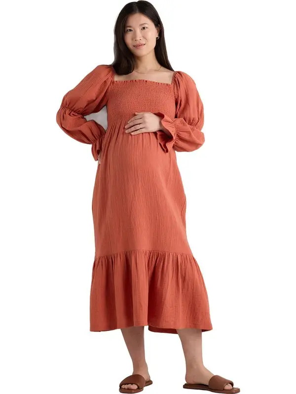 Quince Gauze Maternity Smocked Midi Dress - Spiced Orange