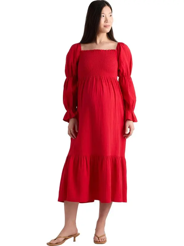 Quince Gauze Maternity Smocked Midi Dress - Wild Cherry