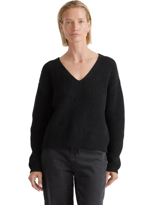 Quince Fisherman V-neck Sweater - Black