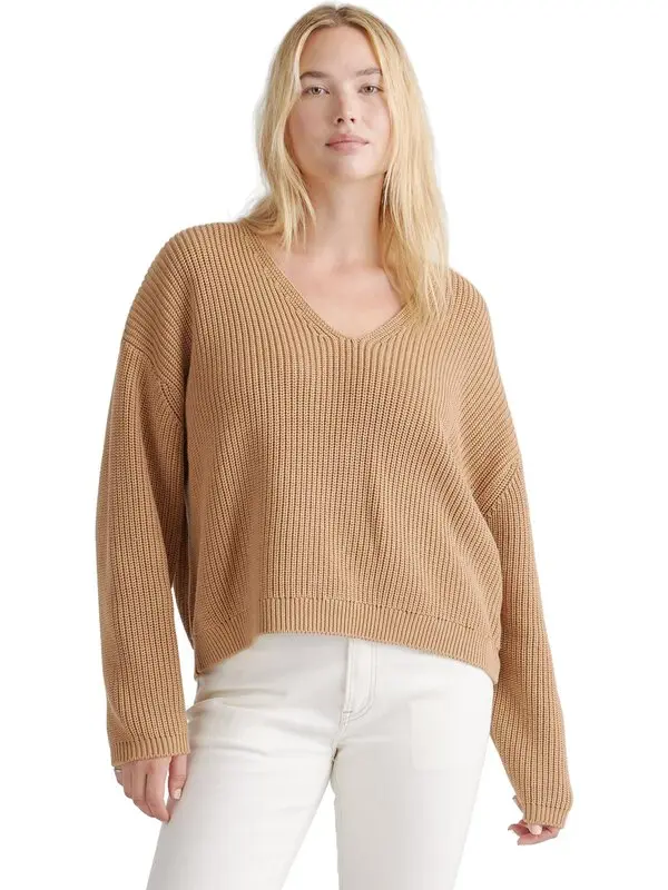 Quince Fisherman V-neck Sweater - Camel