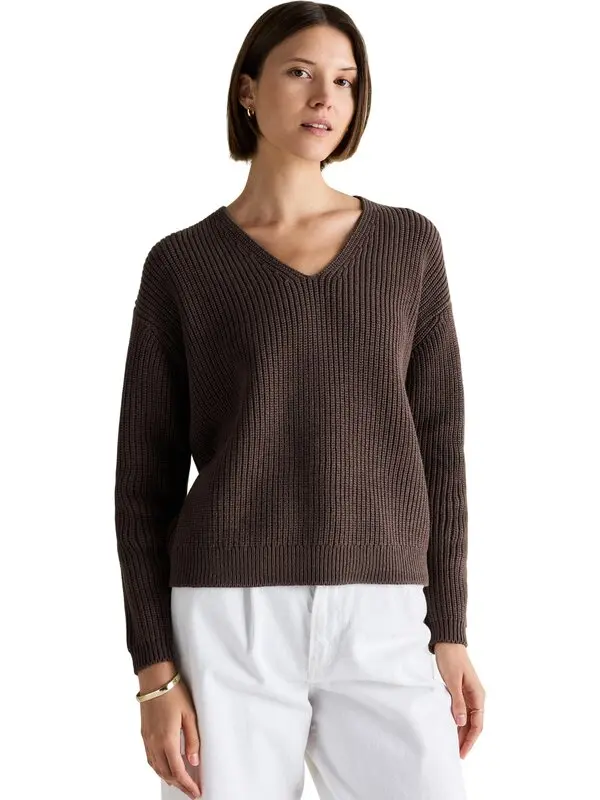 Quince Fisherman V-neck Sweater - Heather Brown