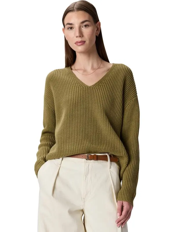 Quince Fisherman V-neck Sweater - Herb Green