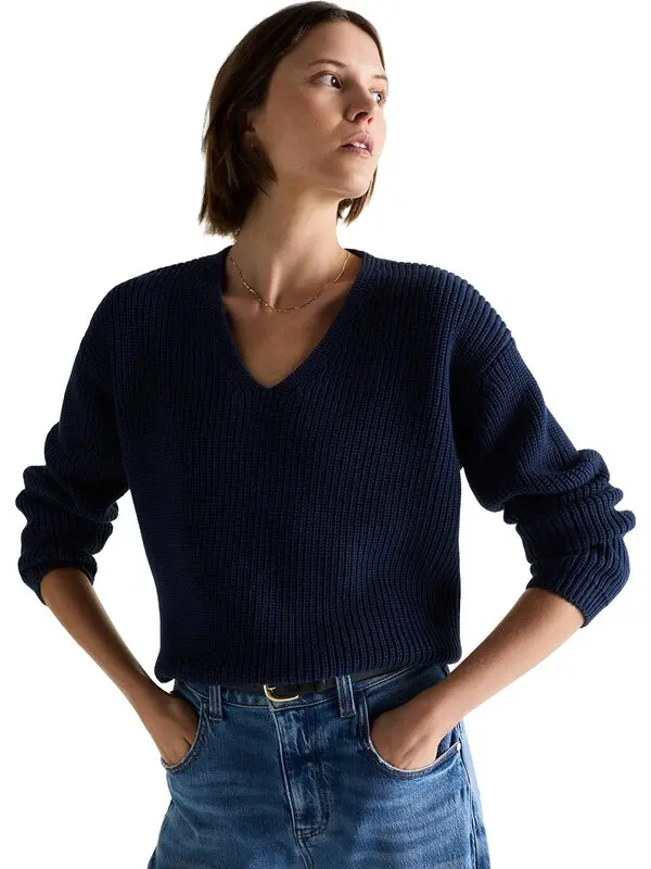 Quince Fisherman V-neck Sweater - Navy