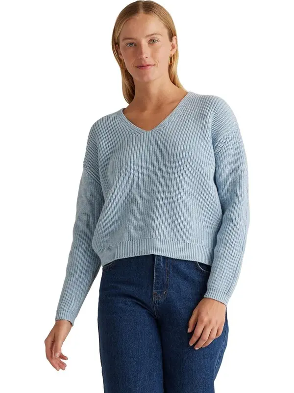 Quince Fisherman V-neck Sweater - Sky Blue
