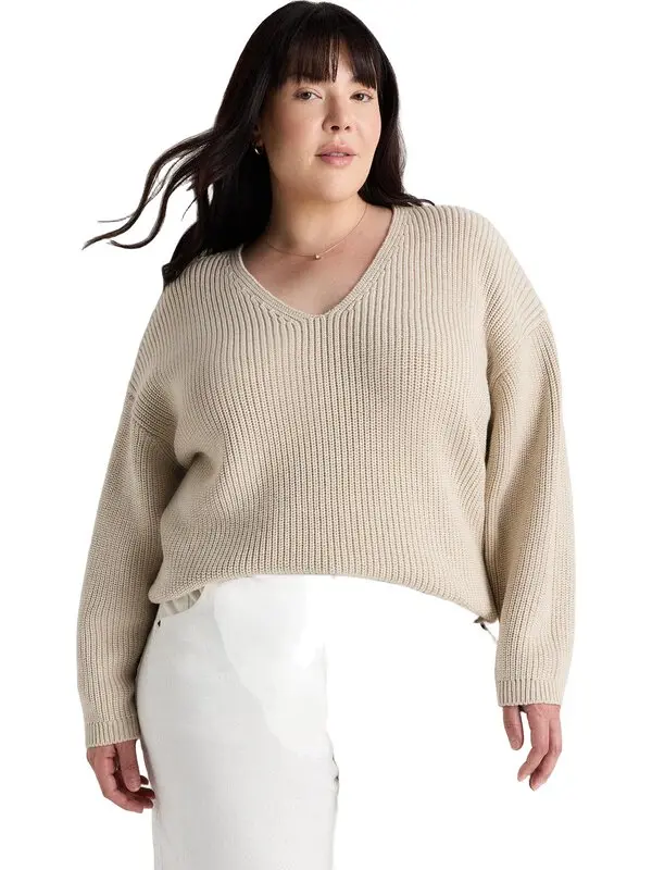Quince Fisherman V-neck Sweater - Speckled Beige