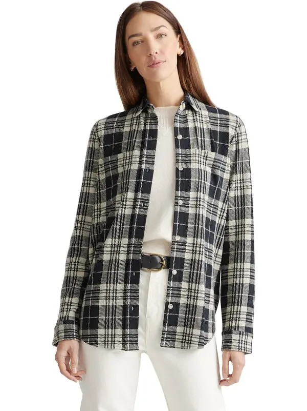 Quince Stretch Sweater Fleece Shirt - Black Check