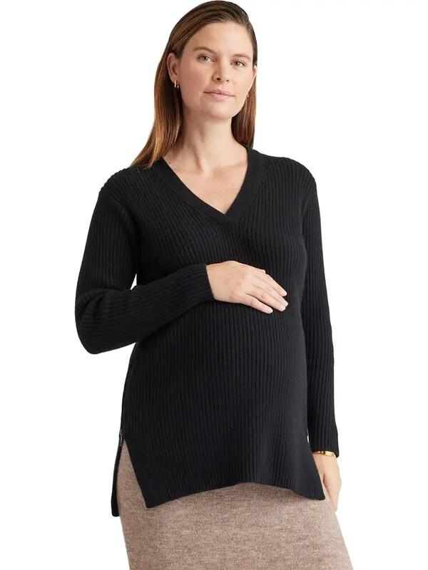 Quince Mongolian Cashmere Ribbed Maternity Sweater - Black