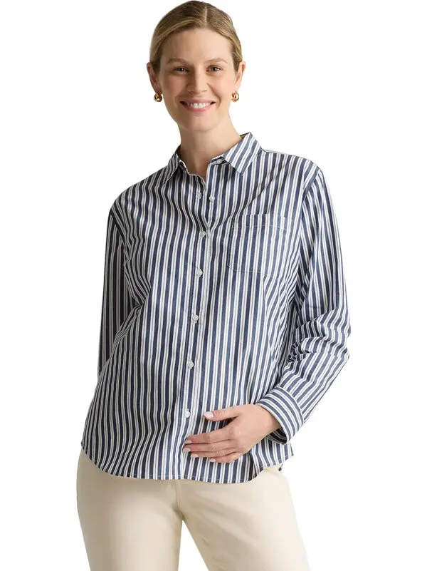 Quince Poplin Maternity Long Sleeve Shirt - Hudson Stripe