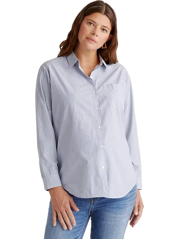 Quince Poplin Maternity Long Sleeve Shirt - Light Blue Stripe