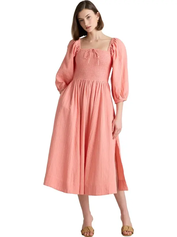 Quince Gauze Smocked Square Neck Midi Dress - Coral Blush