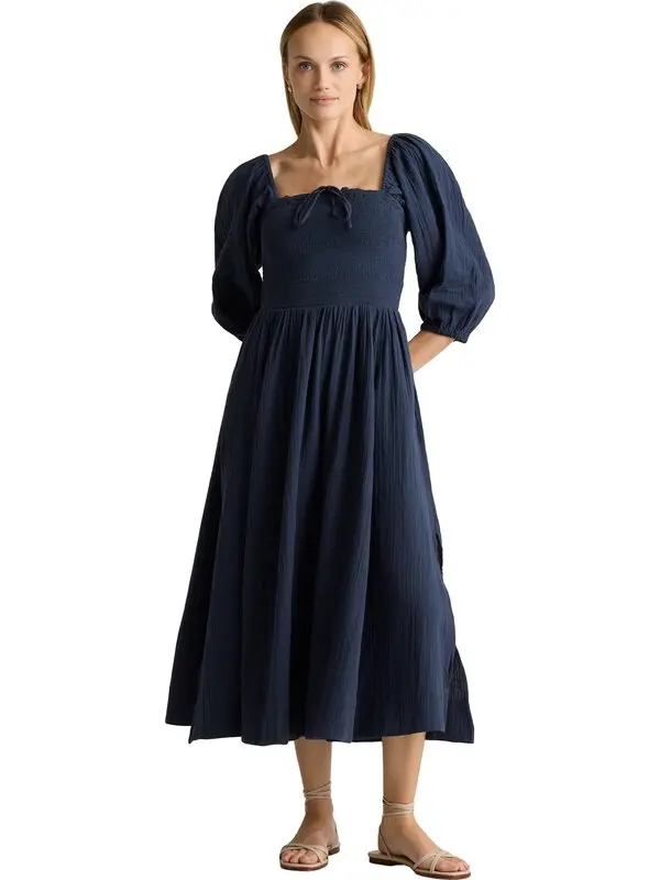 Quince Gauze Smocked Square Neck Midi Dress - Indigo Blue