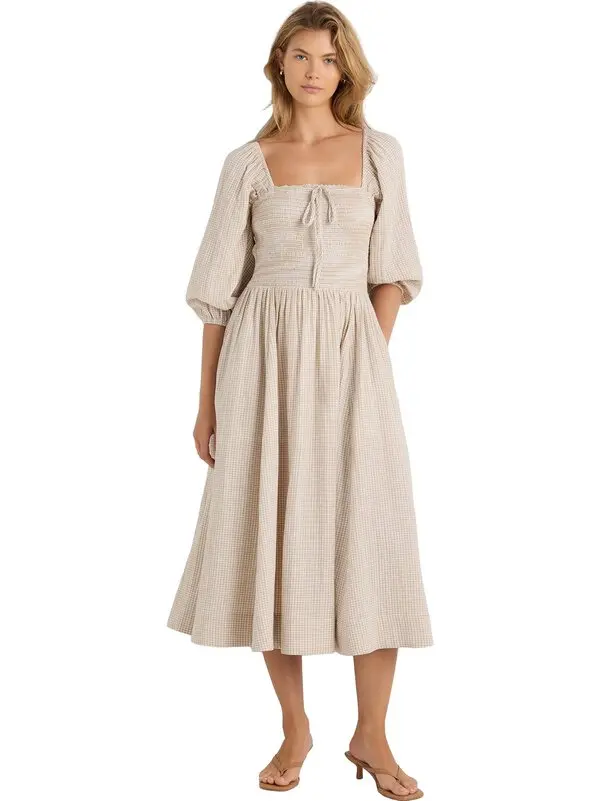 Quince Gauze Smocked Square Neck Midi Dress - Khaki Gingham