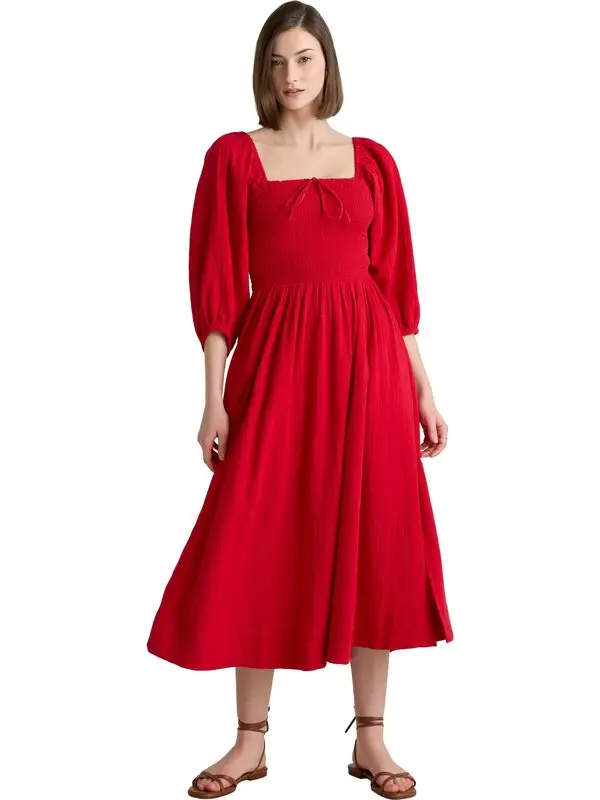 Quince Gauze Smocked Square Neck Midi Dress - Wild Cherry