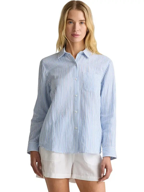 Quince Organic Cotton Gauze Long Sleeve Shirt - Bayside Stripe Blue/white
