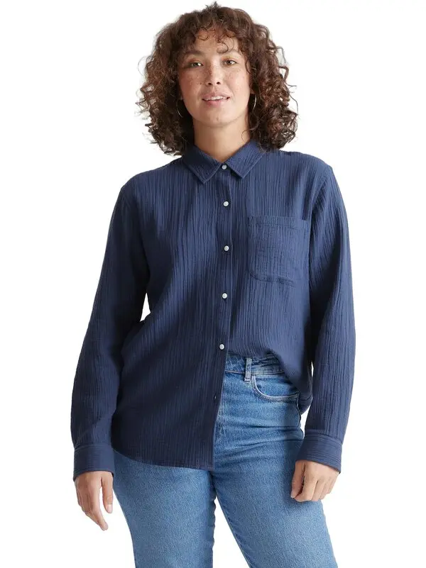 Quince Organic Cotton Gauze Long Sleeve Shirt - Indigo Blue