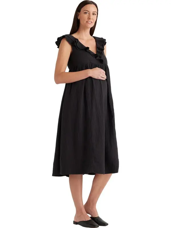 Quince Gauze Maternity Ruffle Front Dress - Black
