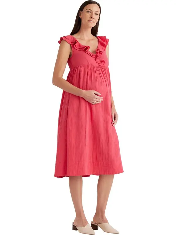 Quince Gauze Maternity Ruffle Front Dress - Hot Pink