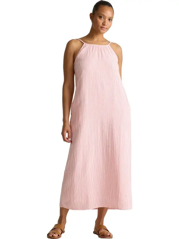 Quince Organic Cotton Gauze Sleeveless Maxi Dress - Bayside Stripe Coral/white