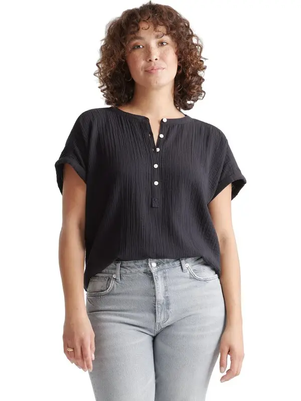 Quince Gauze Roll Sleeve Shirt - Black