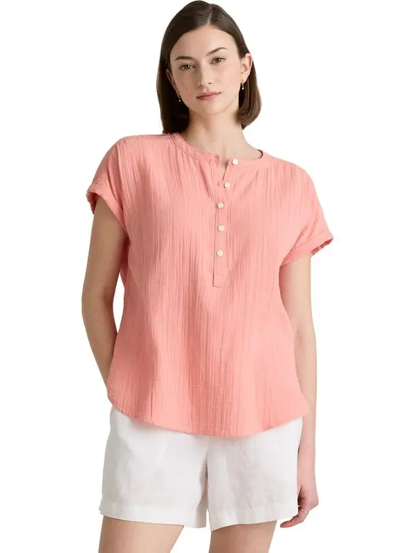 Quince Gauze Roll Sleeve Shirt - Coral Blush