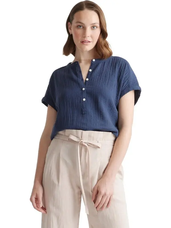 Quince Gauze Roll Sleeve Shirt - Indigo Blue
