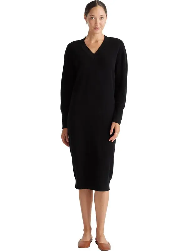 Quince Mongolian Cashmere V-neck Midi Sweater Dress - Black